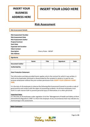 Download Risk Assessement Template - Cherry Picker MEWP